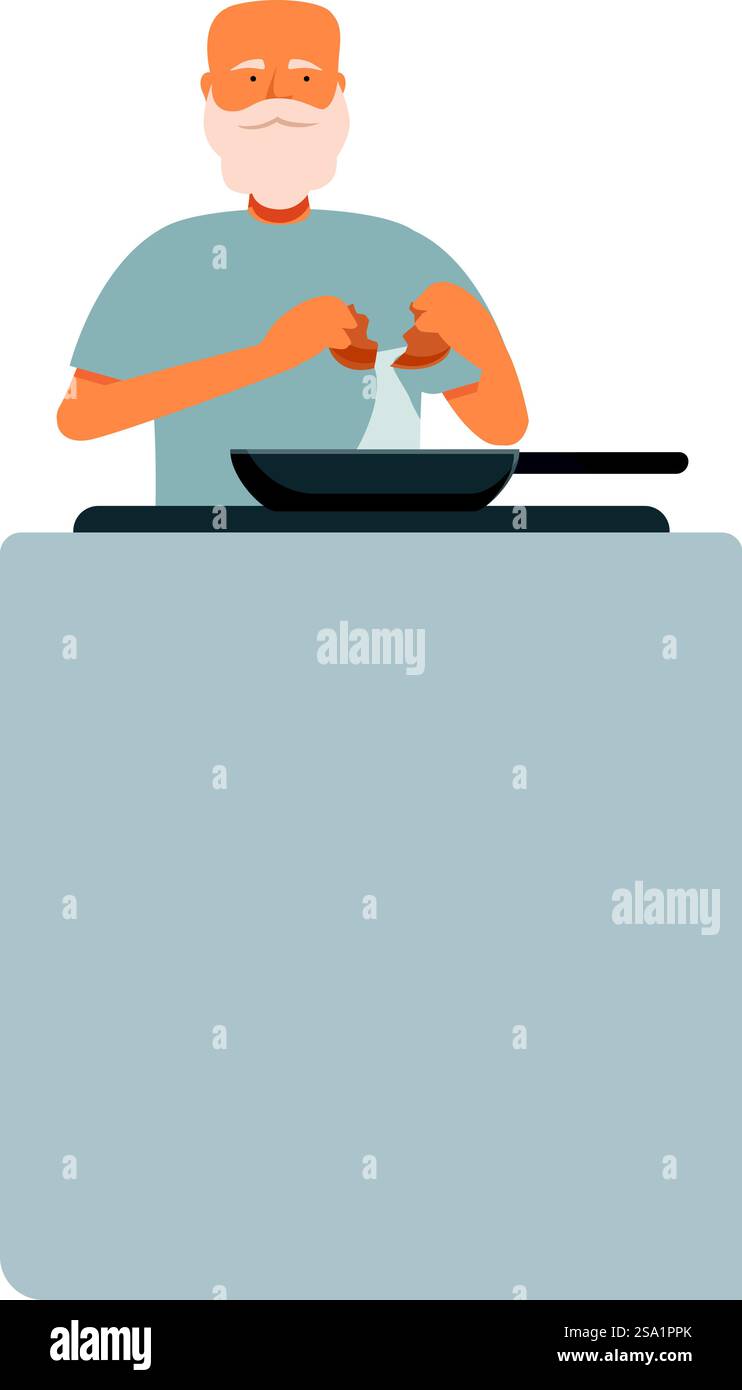 Senior man cooking fried eggs icon cartoon vector. Food morning ...