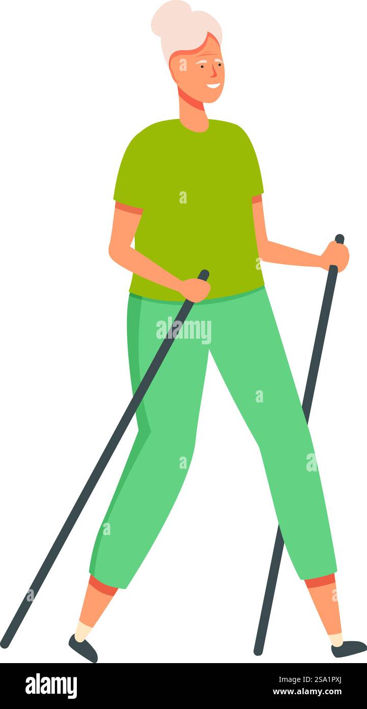 Woman Nordic walking icon cartoon vector. Active travel exercise ...