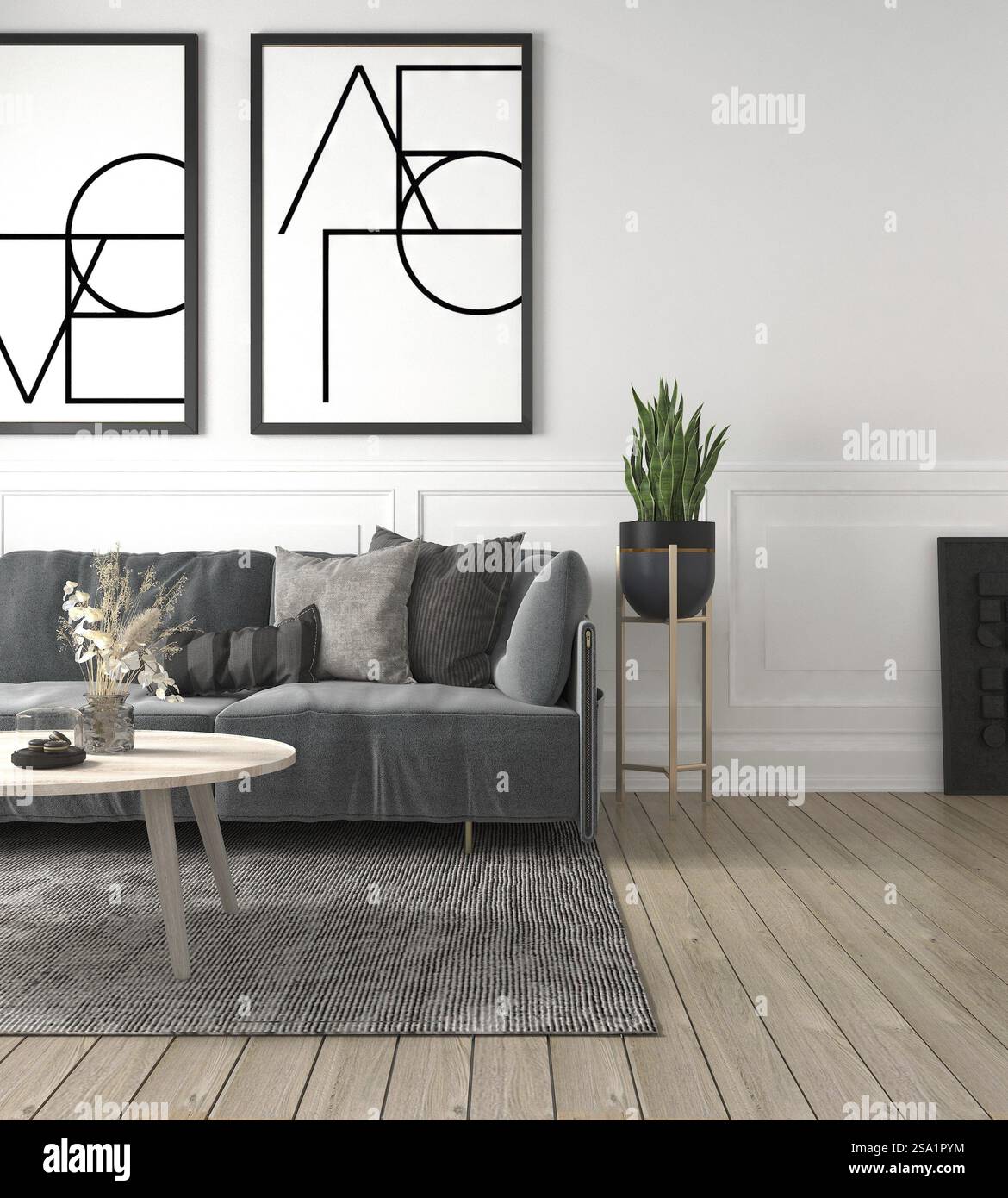 Modern living room with grey sofa, abstract art, and indoor plant ...