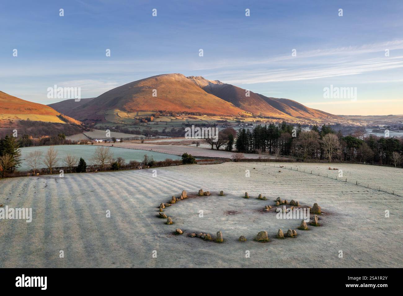 Aerial view of Castlerigg Stone Circle near Keswick on a frosty blue ...