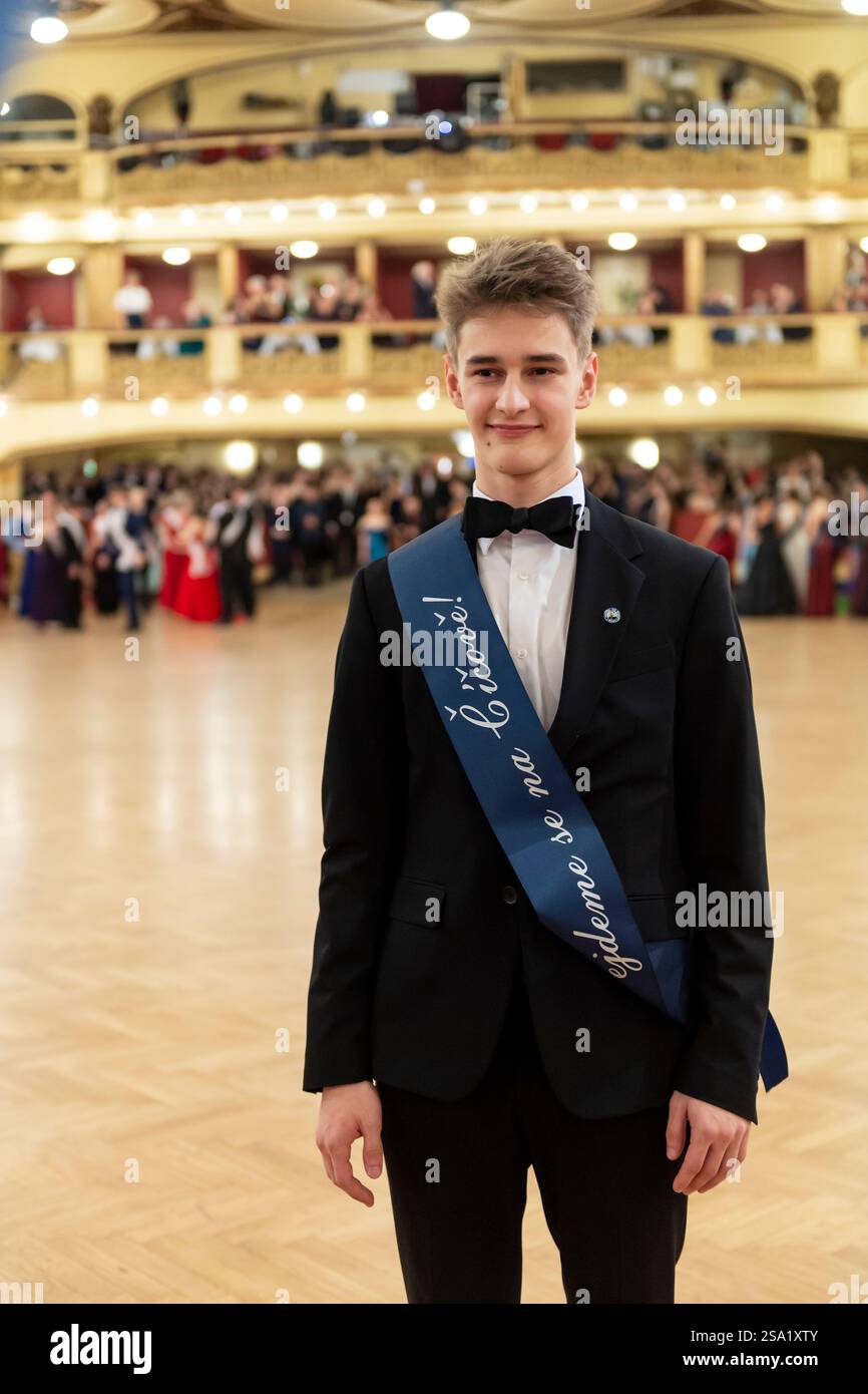boy from graduate class on traditional graduate ball in Prague's famous ...