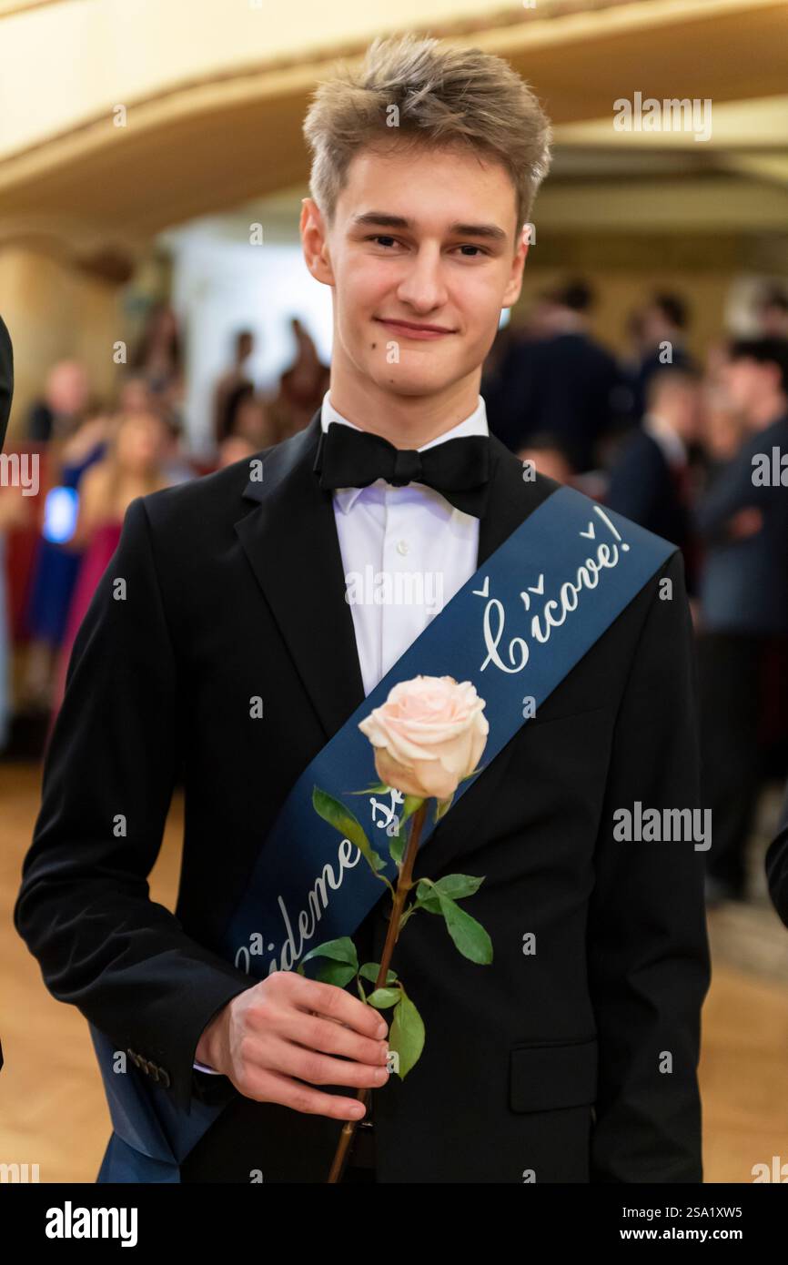 boy from graduate class on traditional graduate ball in Prague's famous ...