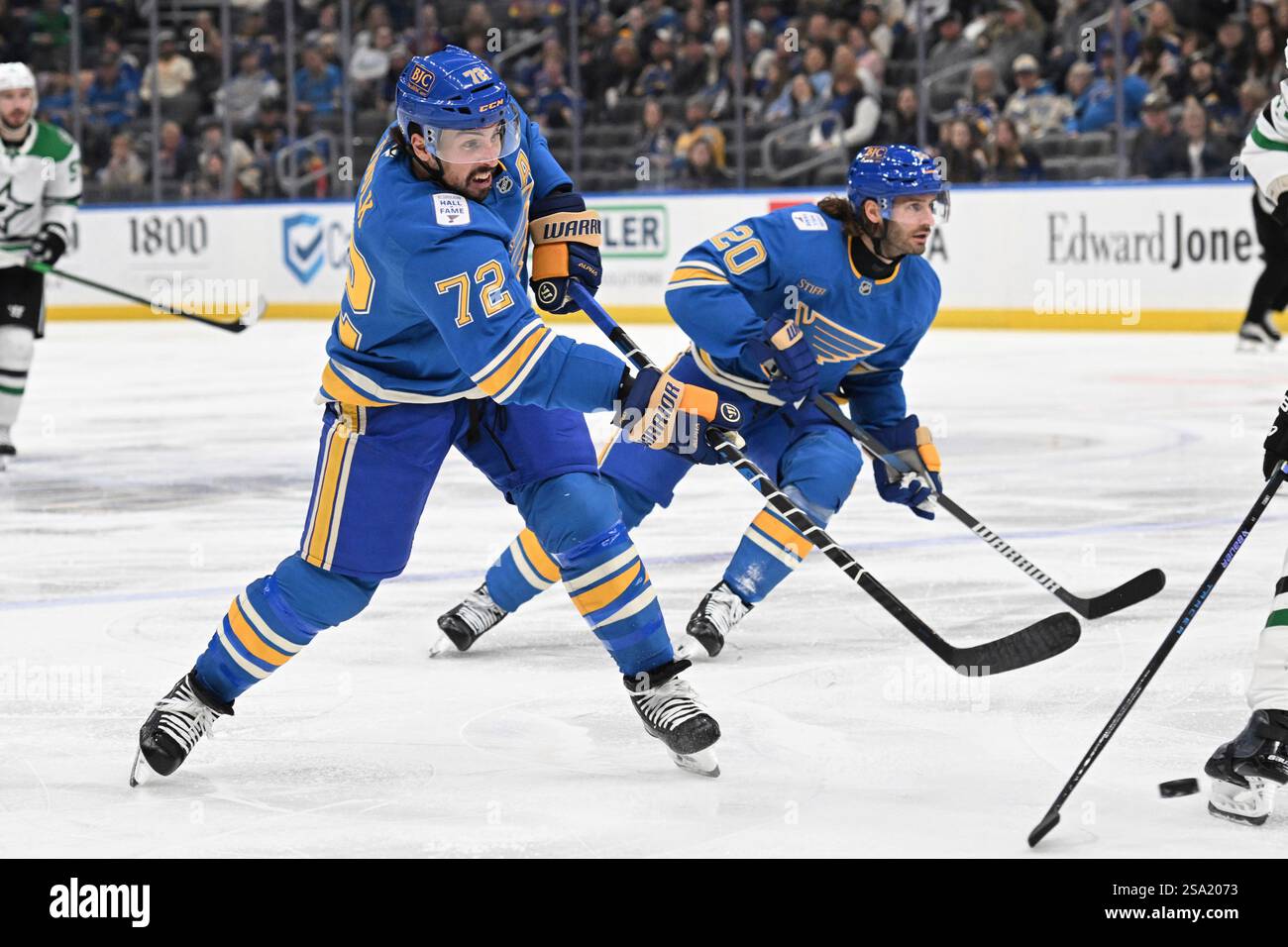 St. Louis Blues' Justin Faulk (72) takes a shot against the Dallas ...