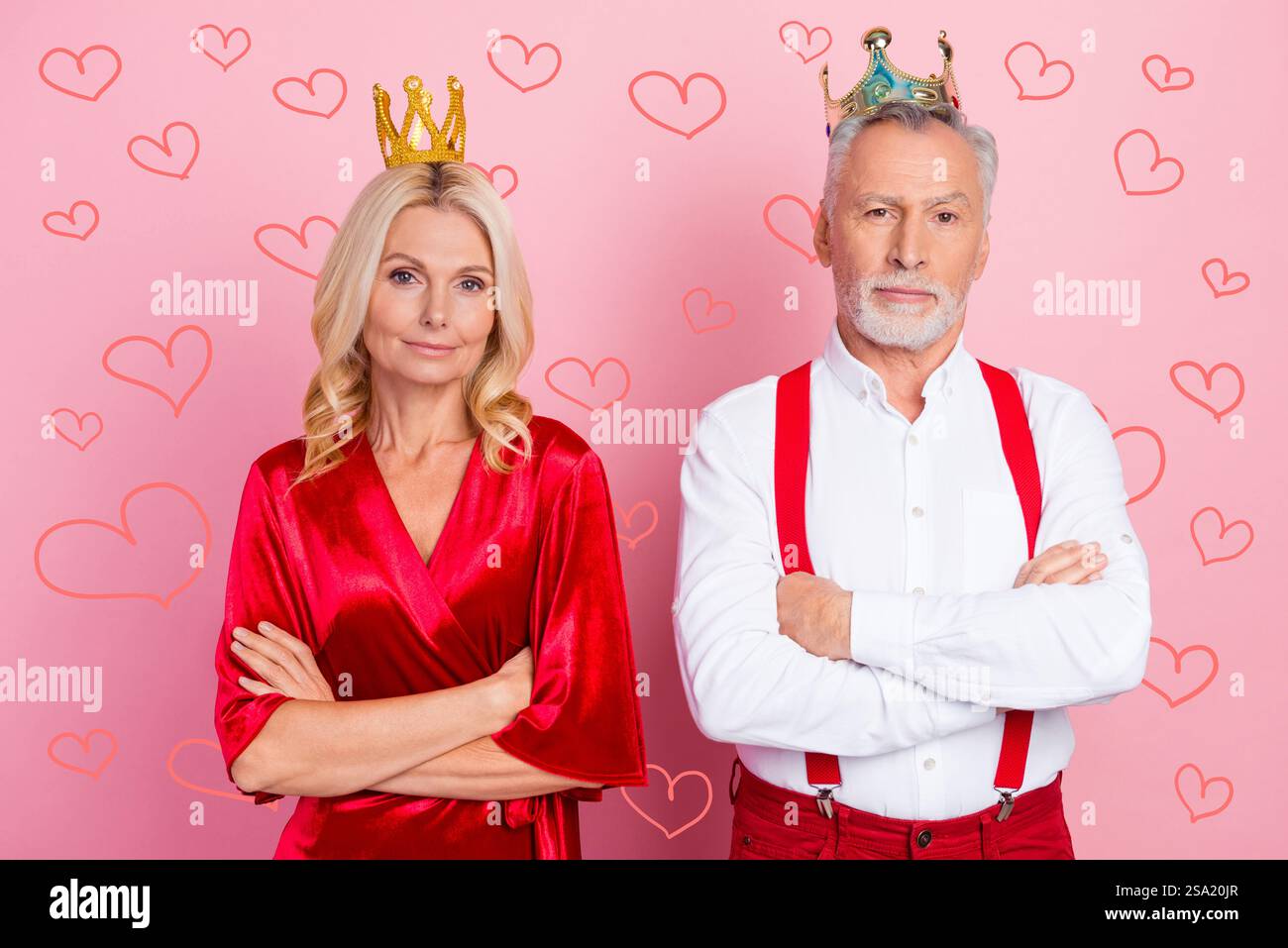 Portrait of two beautiful handsome trendy life partners wearing tiara ...