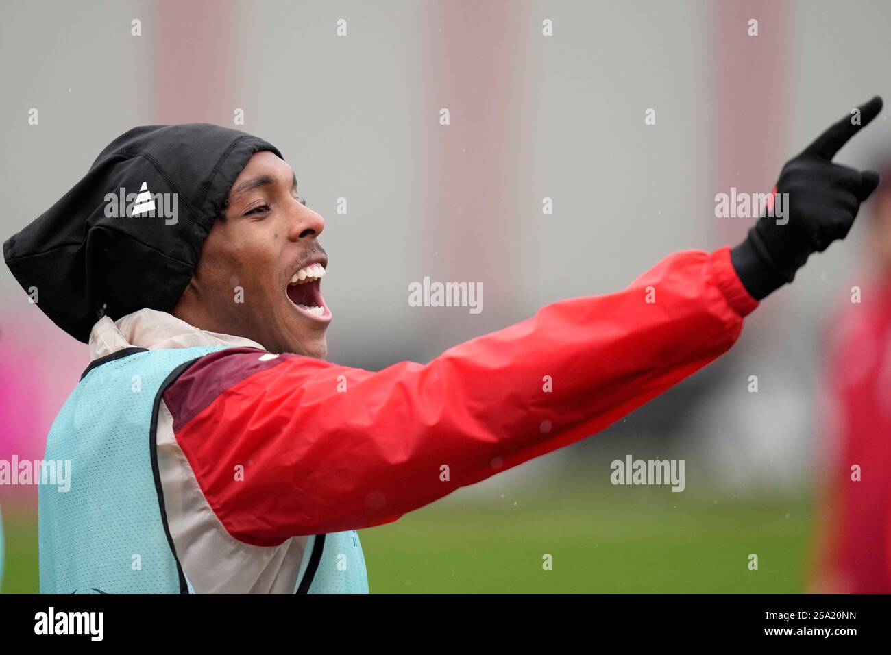 Bayern's Mathys Tel gestures during a training session in Munich ...