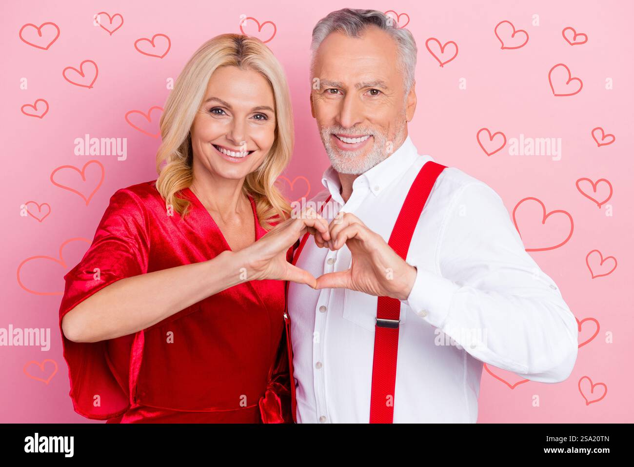 Portrait of two beautiful handsome cheerful spouses hugging showing ...