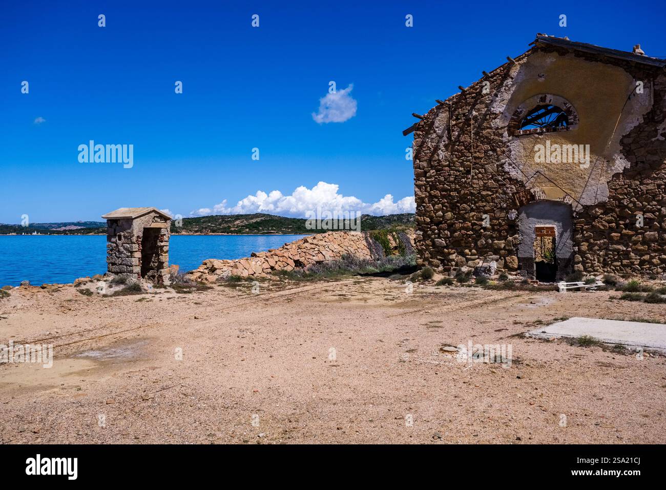 Ruins of the Batterie di Punta Rossa on the island of Isola Caprera, a ...