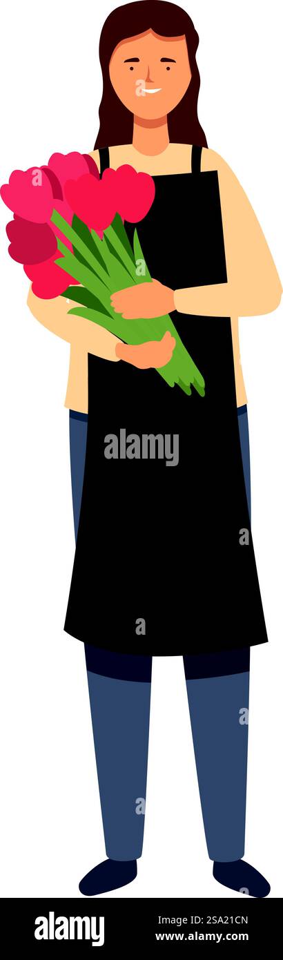 Girl sell flower bouquet icon cartoon vector. Happy face female ...