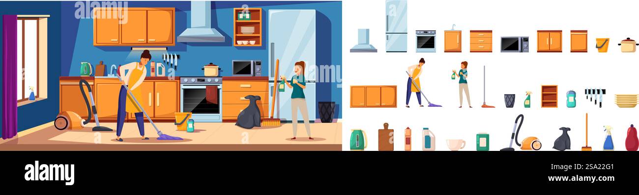 Housewife cleaning kitchen icons set cartoon vector. Woman with broom ...