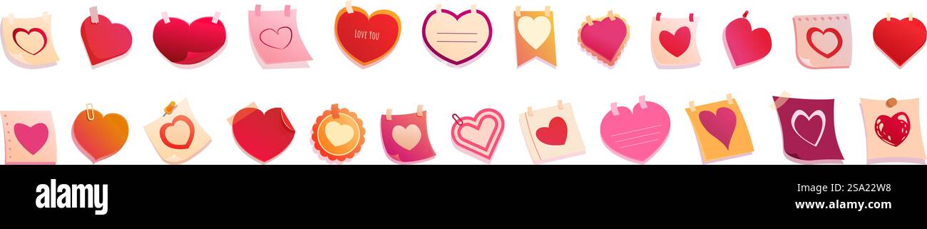 Memo valentine icons set cartoon vector. Paper shape sticky. Label ...