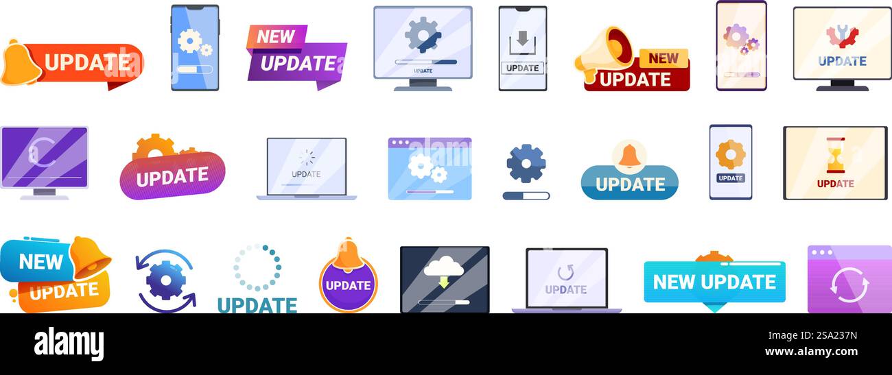 Update app software icons set cartoon vector. Platform system. Use ...