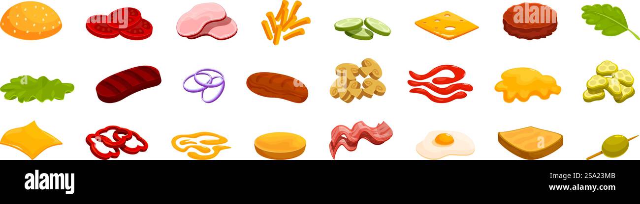 Flying burger ingredients icons set cartoon vector. Fast Food meal ...