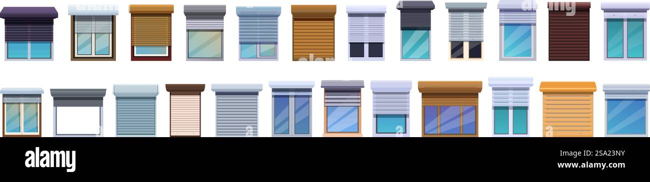 Rolling shutter icons set cartoon vector. Window plastic closed. Roller ...