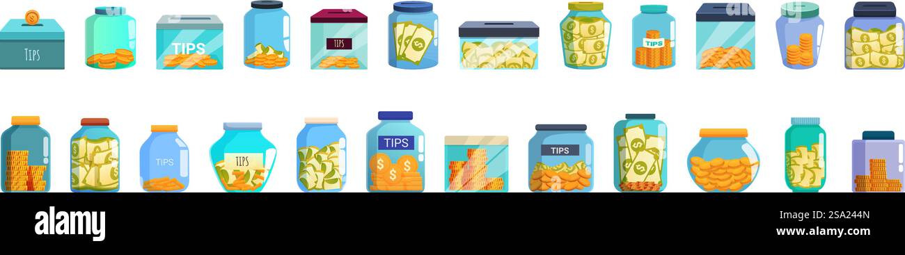 Money box tips icons set cartoon vector. Glass donation. Donate finance ...