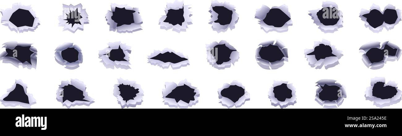 Torn hole icons set cartoon vector. Ragged round. Crack steel sheet ...