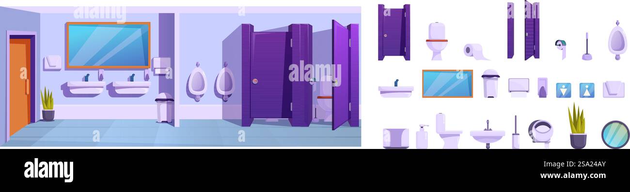 School toilet interior icons set cartoon vector. Public restroom ...