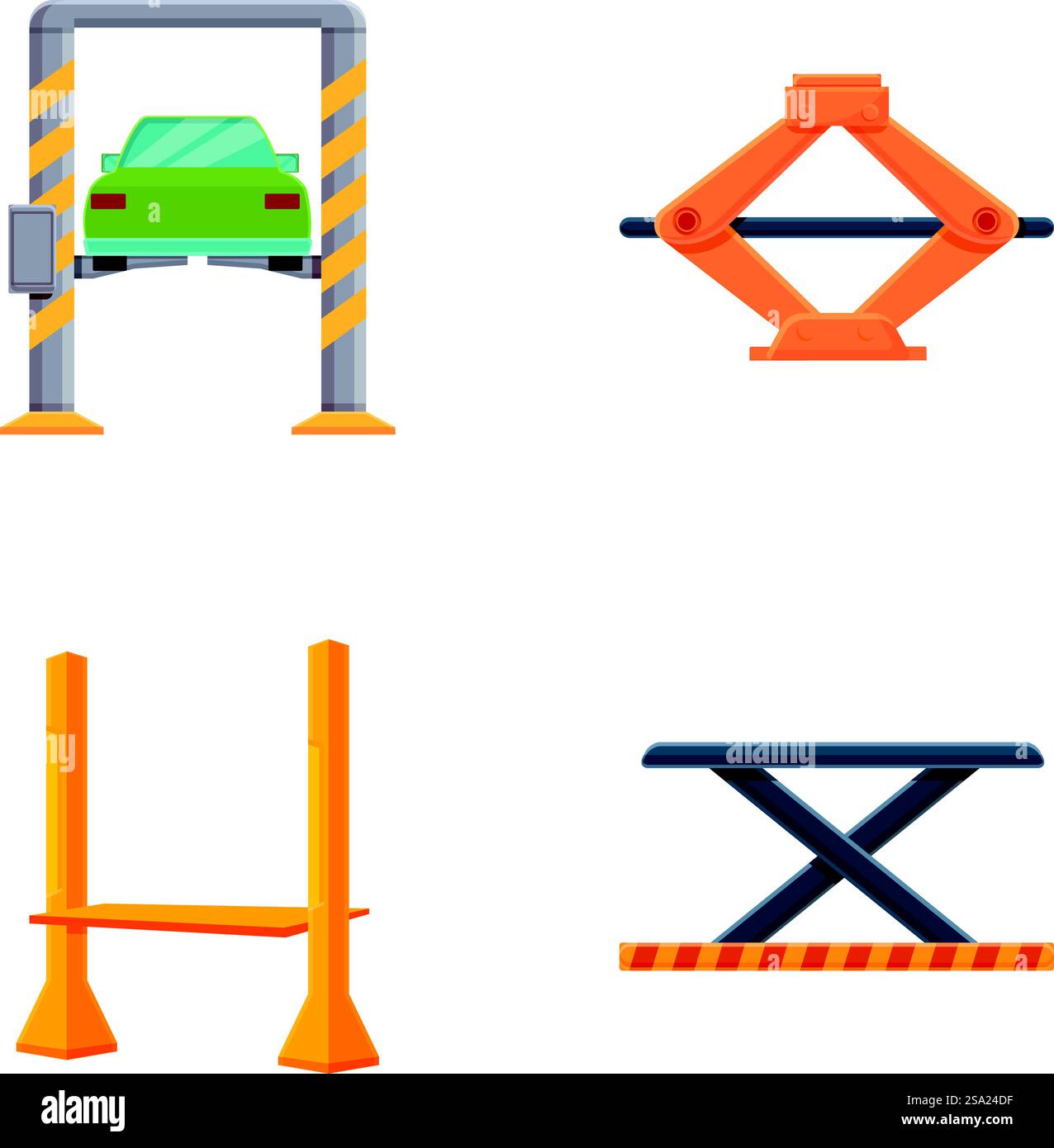 Car inspection icons set cartoon vector. Car lift stand tower with ...