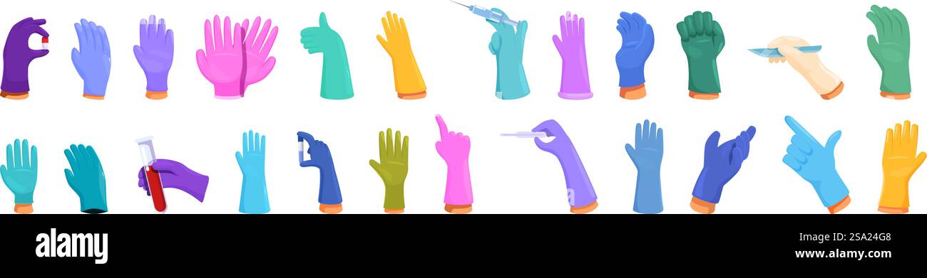 Nitrile gloves hand icons set cartoon vector. Rubber laboratory worker ...
