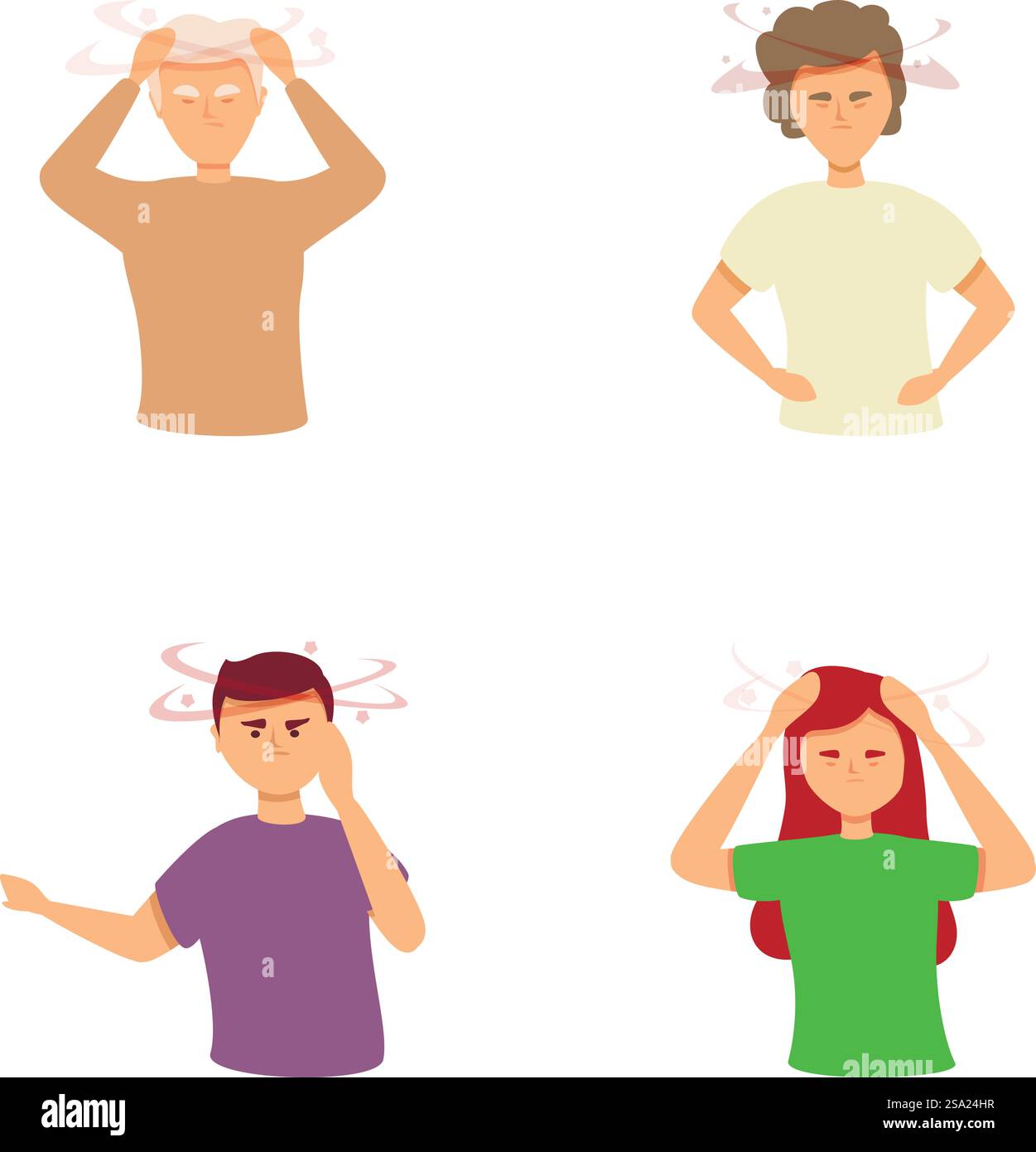 Brain sick icons set cartoon vector. People suffering dizziness and ...