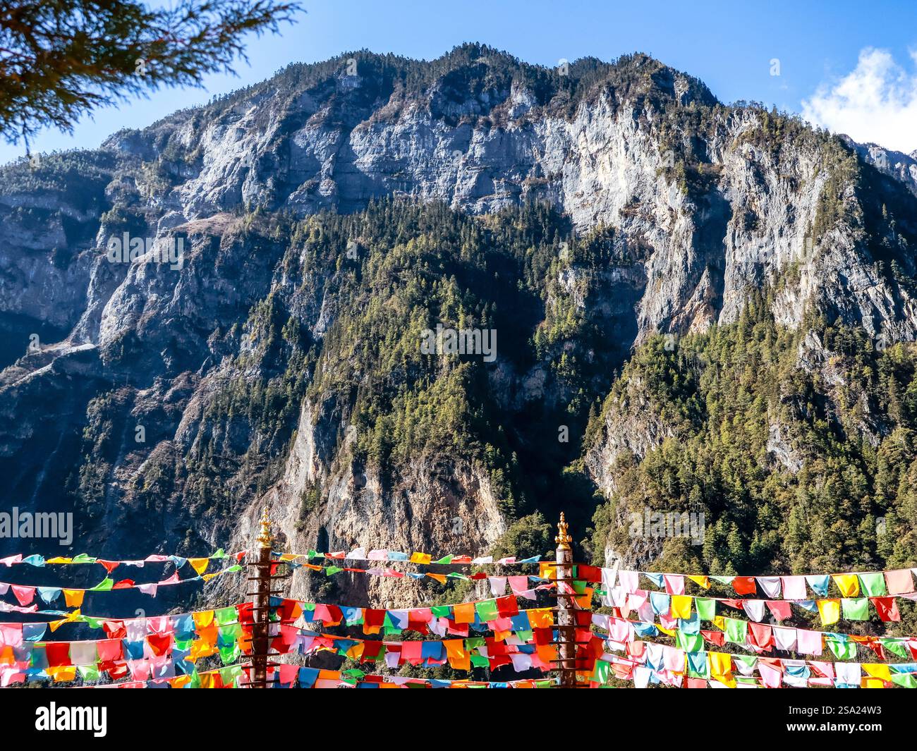 High Rocky Mountains Hills Valley With Colorful Prayer Flags of ...