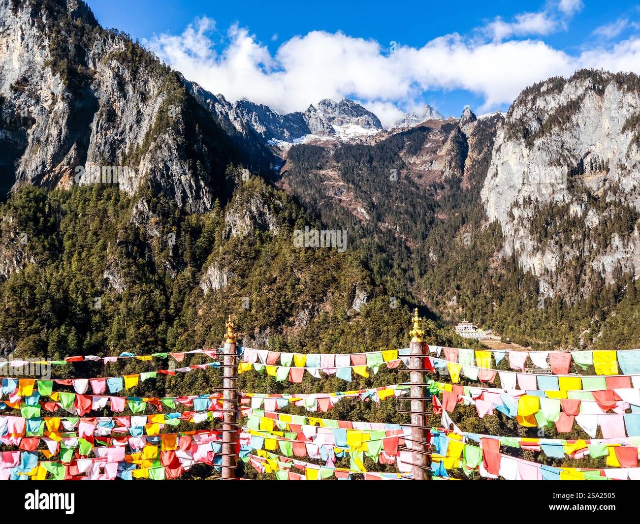 High Rocky Mountains Hills Valley With Colorful Prayer Flags of ...