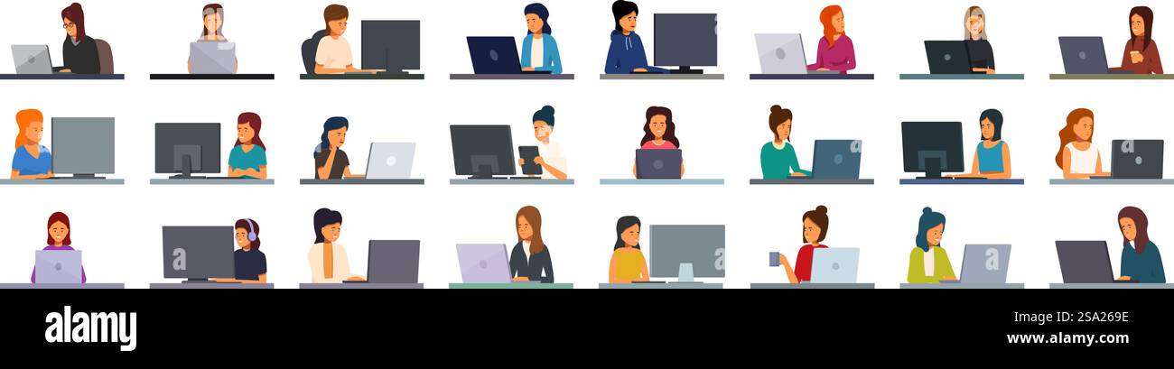 Software programmer girl icons set cartoon vector. It profession ...