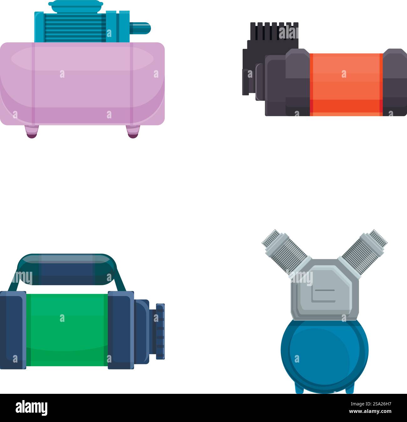 Compressor icons set cartoon vector. Air compressor and piston block ...