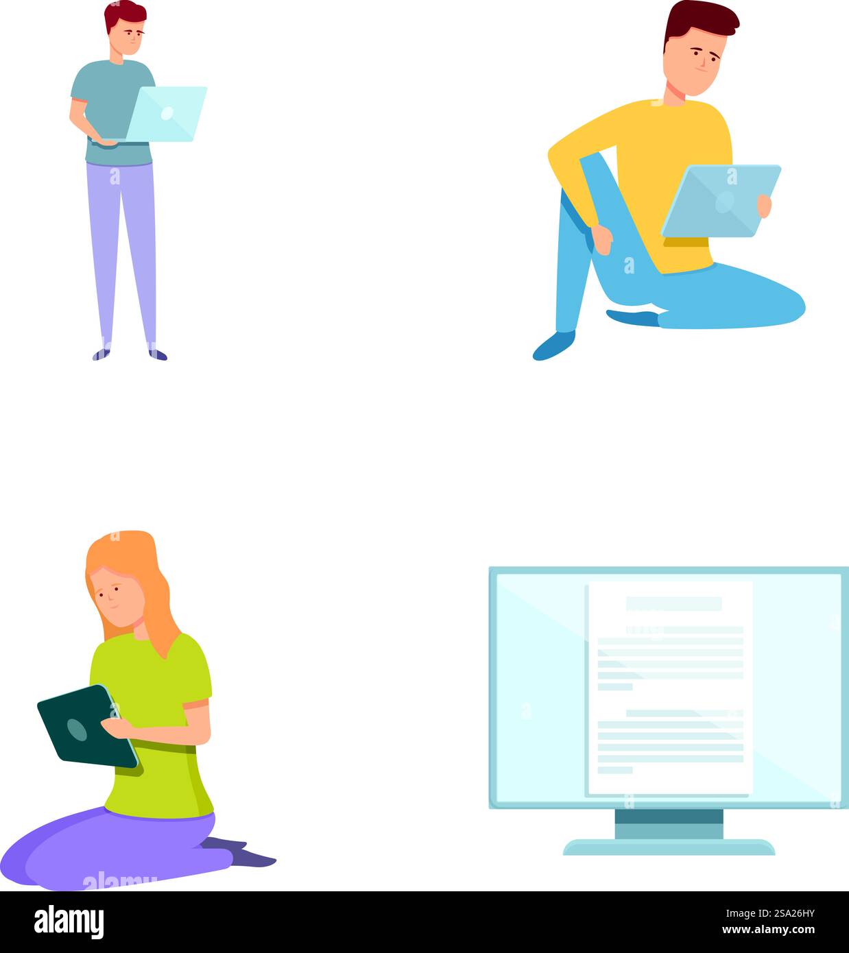 Digital book icons set cartoon vector. People reading book in online ...