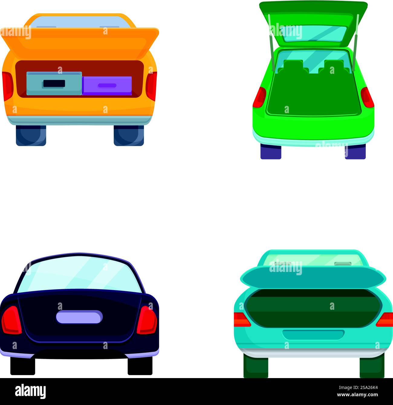 Car trunk icons set cartoon vector. Minivan with open trunk. Back view ...