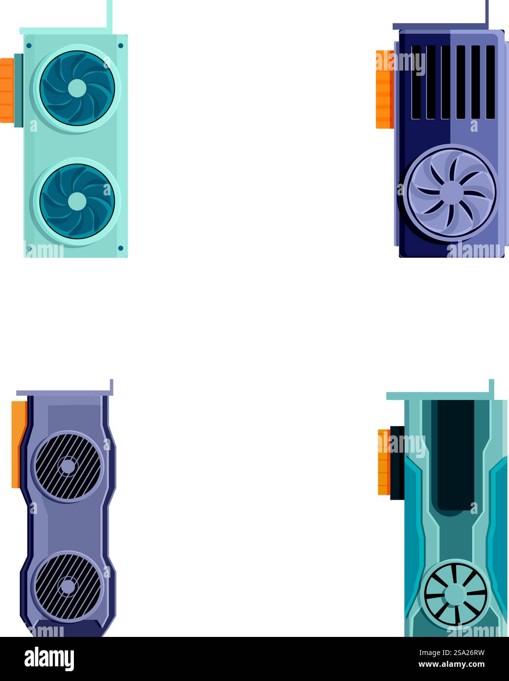 Gpu icons set cartoon vector. Computer graphic card with cooling fan ...