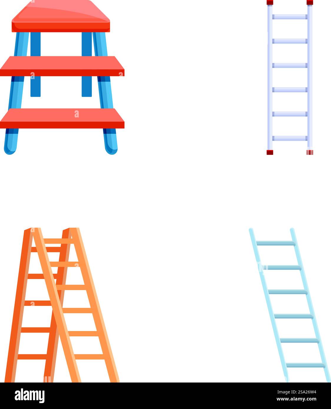Stepladder icons set cartoon vector. Various type of metal and wooden ...