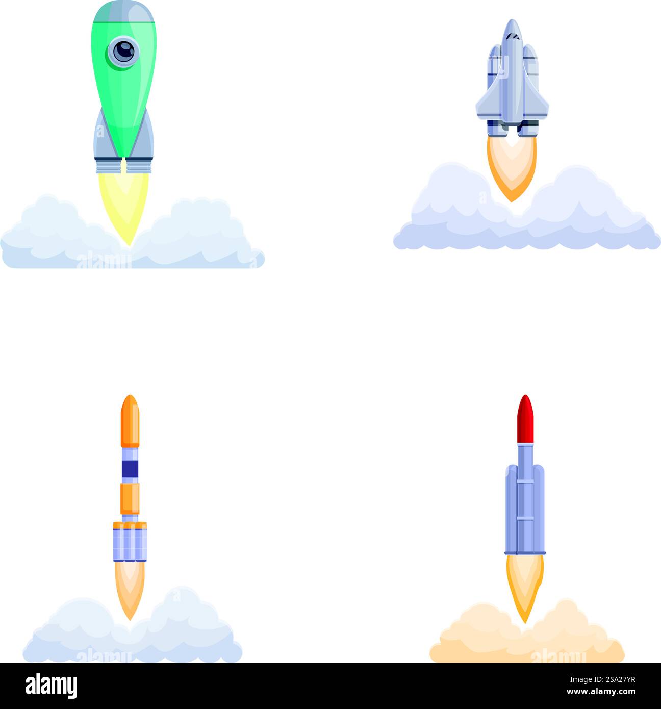 Spacecraft launch icons set cartoon vector. Rocket launch and fire flame. Aviation and space ...