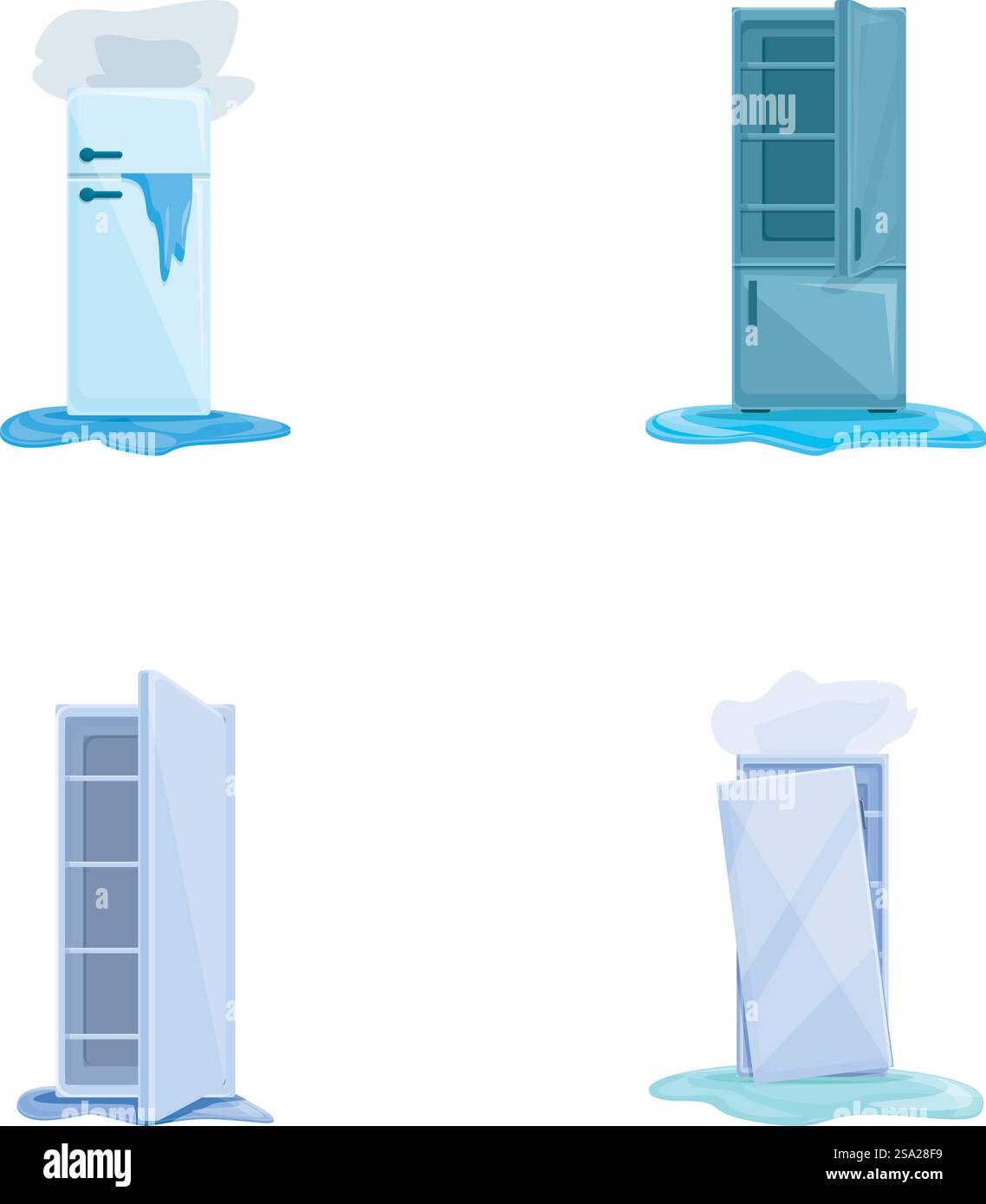 Broken refrigerator icons set cartoon vector. Damaged fridge with water ...