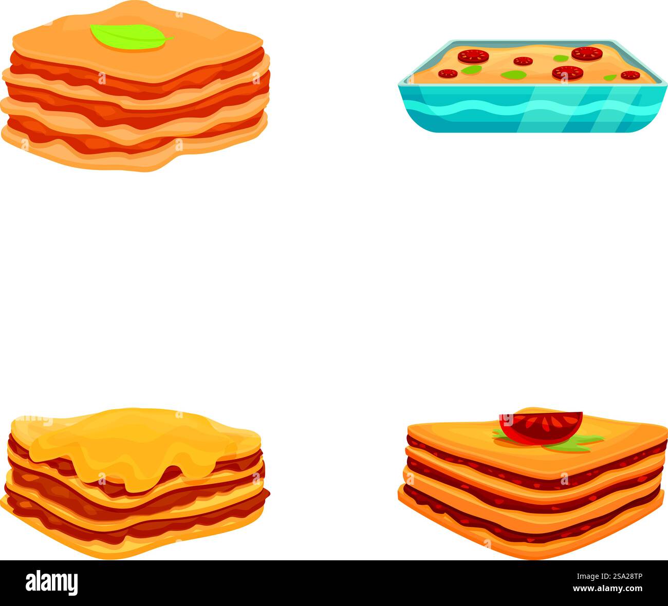 Lasagna dish icons set cartoon vector. Lasagna slice and cherry tomato ...
