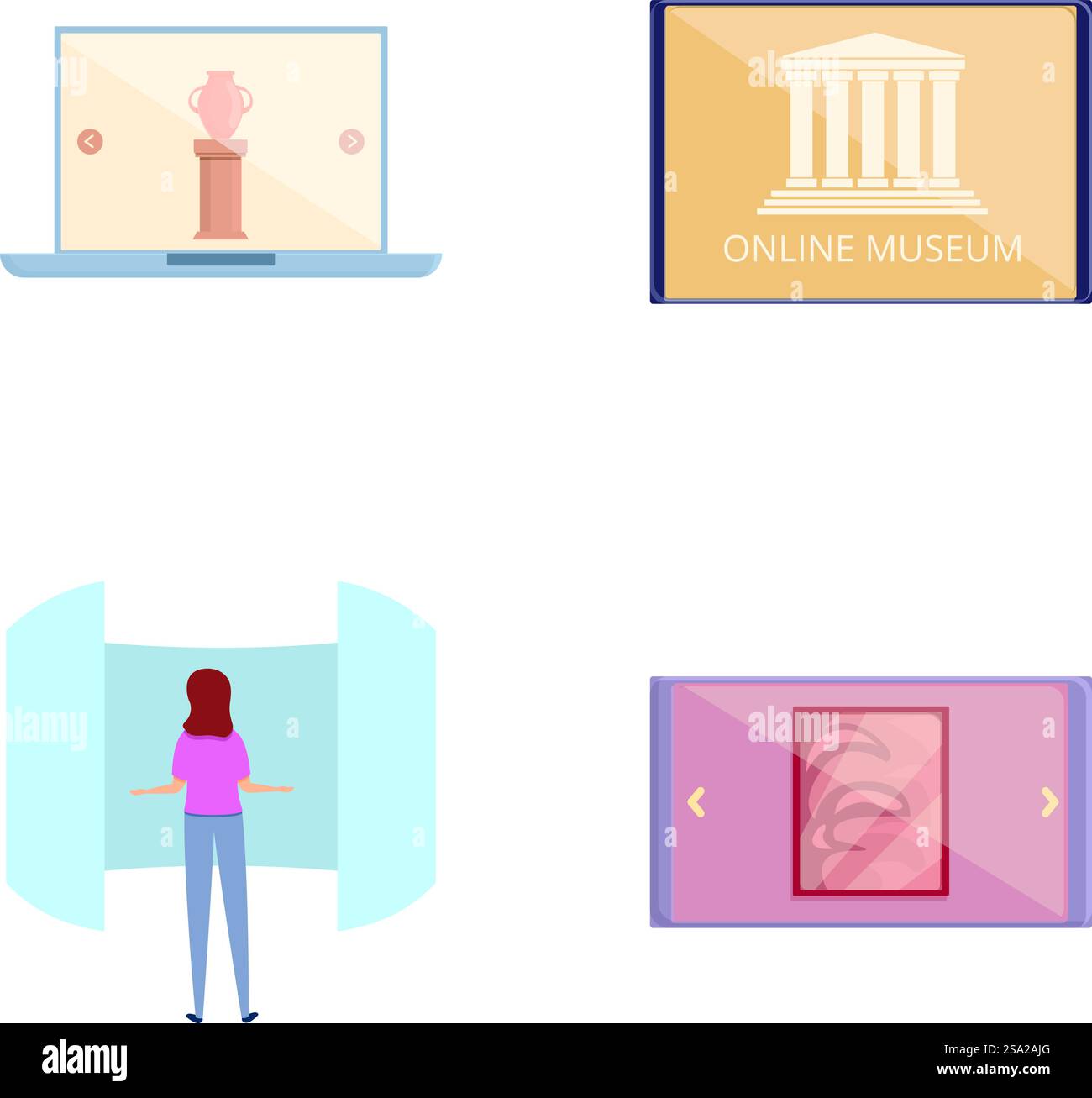 Online museum icons set cartoon vector. Virtual museum online and art ...