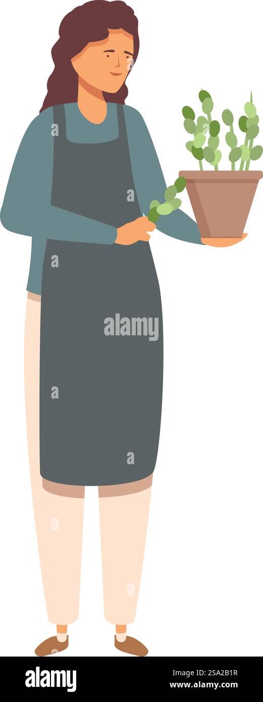 Work nature pot icon cartoon vector. Girl caring flowers. Health spring ...