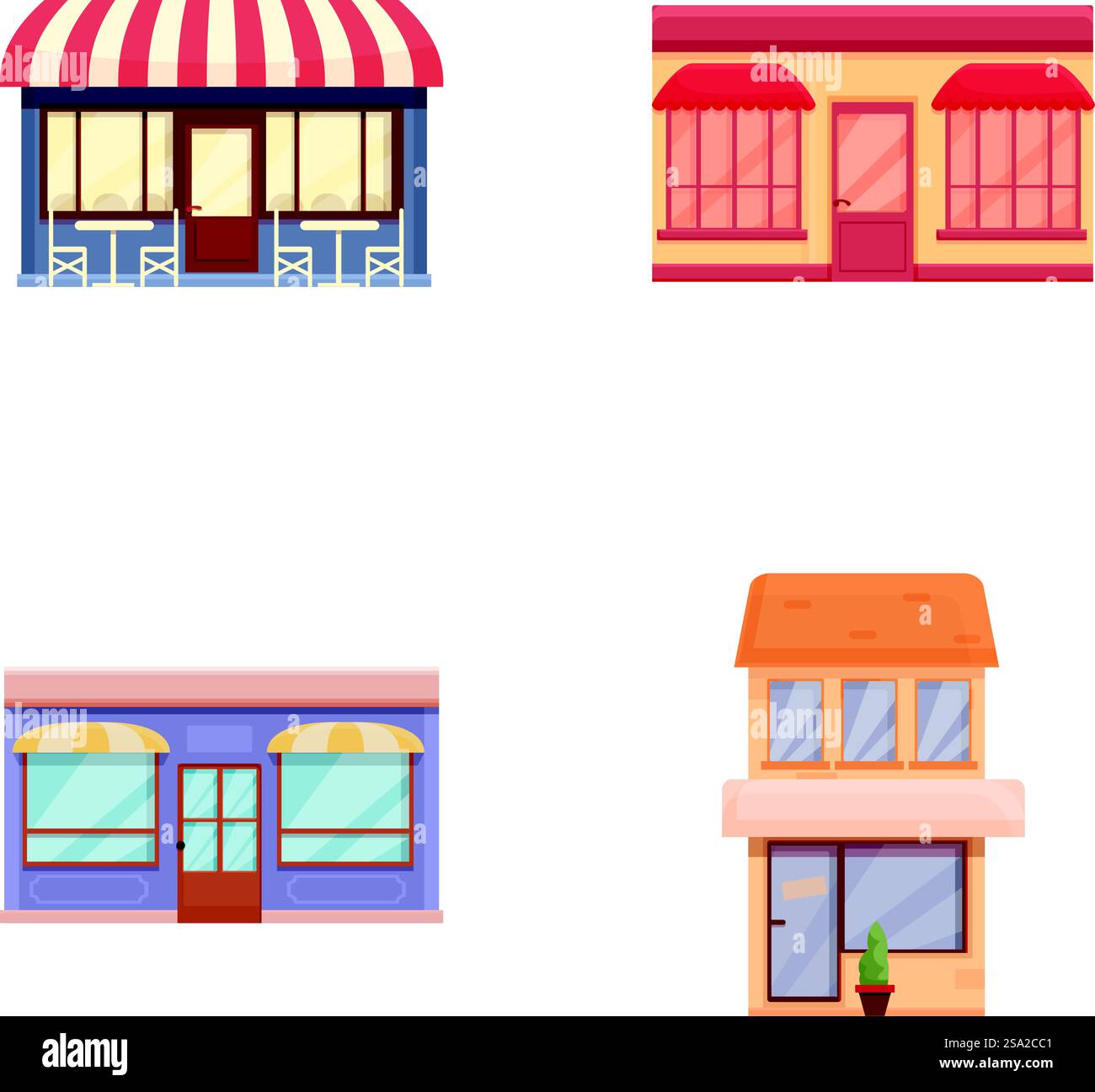 Summer cafe icons set cartoon vector. Colorful facade of cafe with ...
