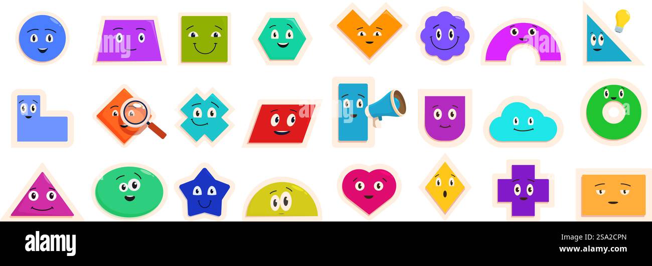 Funny geometric characters icons set cartoon vector. Comic creature ...