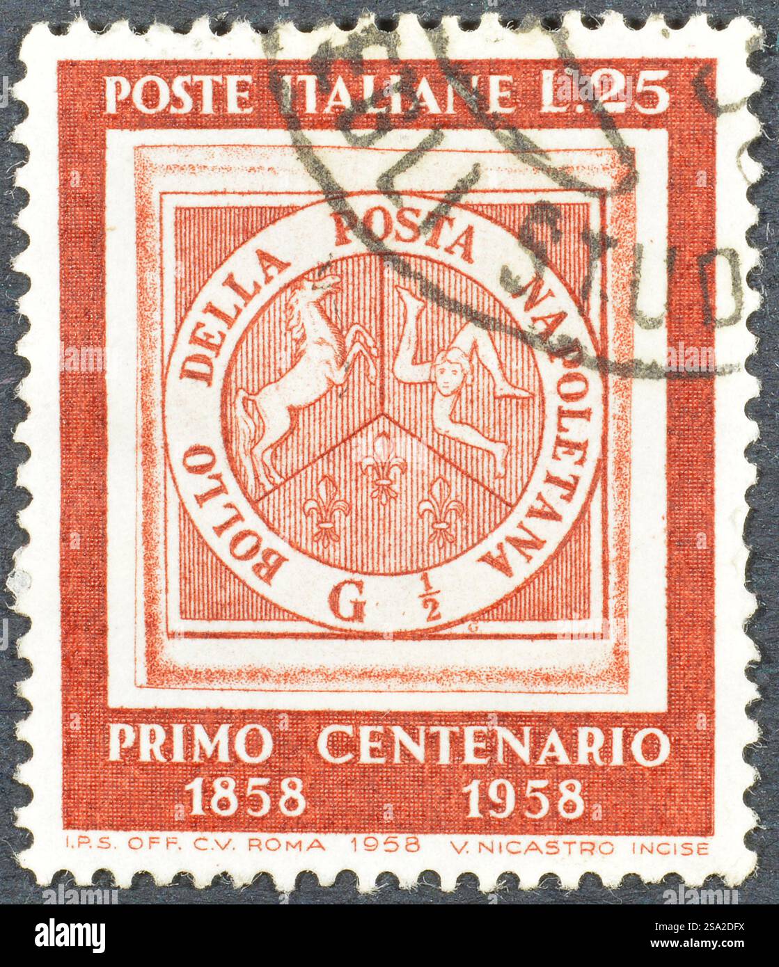 Cancelled postage stamp printed by Italy, that shows Naples Grano Stamp ...