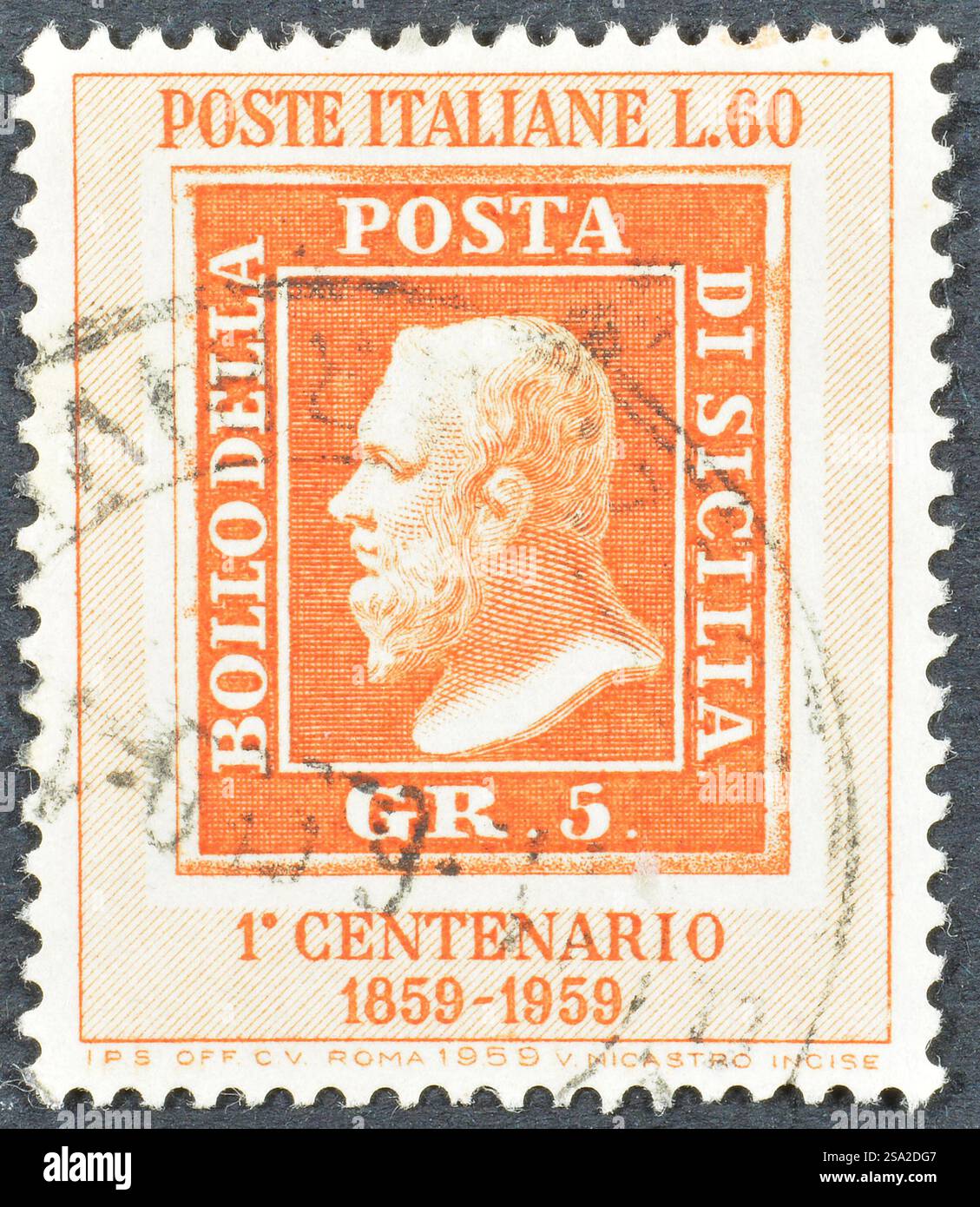 Cancelled postage stamp printed by Italy, that shows Sicily 5gr. Stamp ...