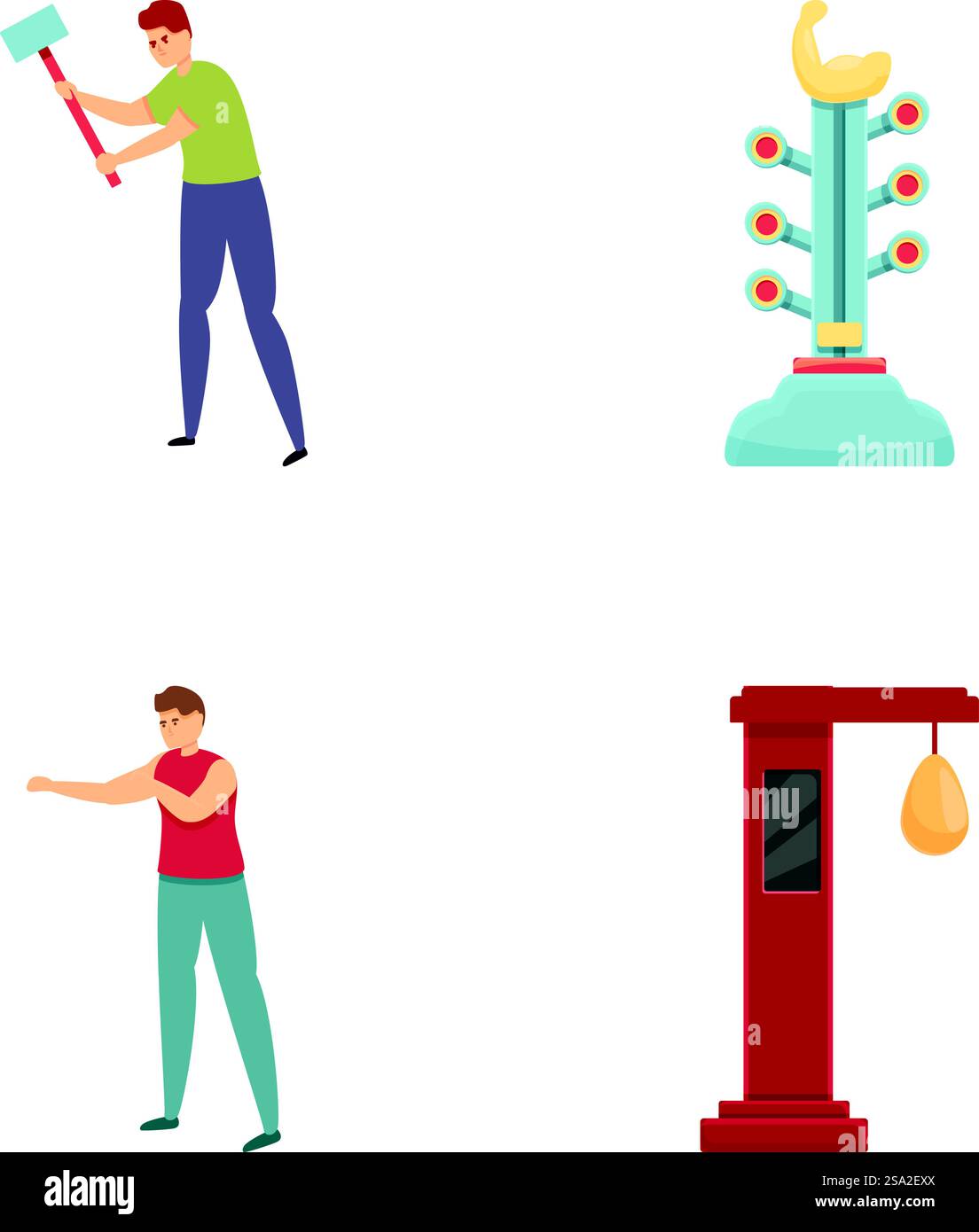 Strength tester icons set cartoon vector. Man measures magnitude of his ...