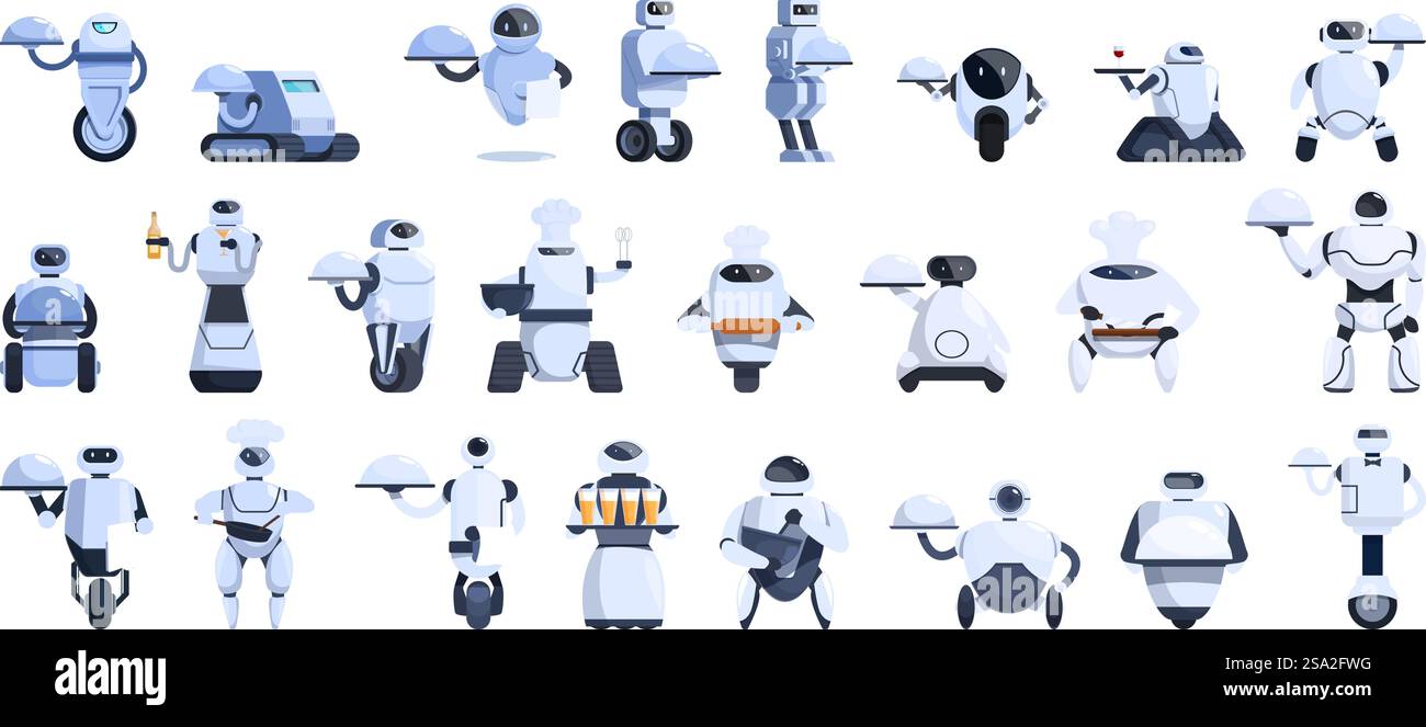 Robot restaurant icons set cartoon vector. Food industry. Order hand ...