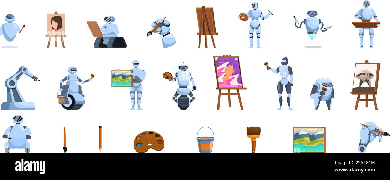 Robot artist icons set cartoon vector. Picture painter. Human art ...