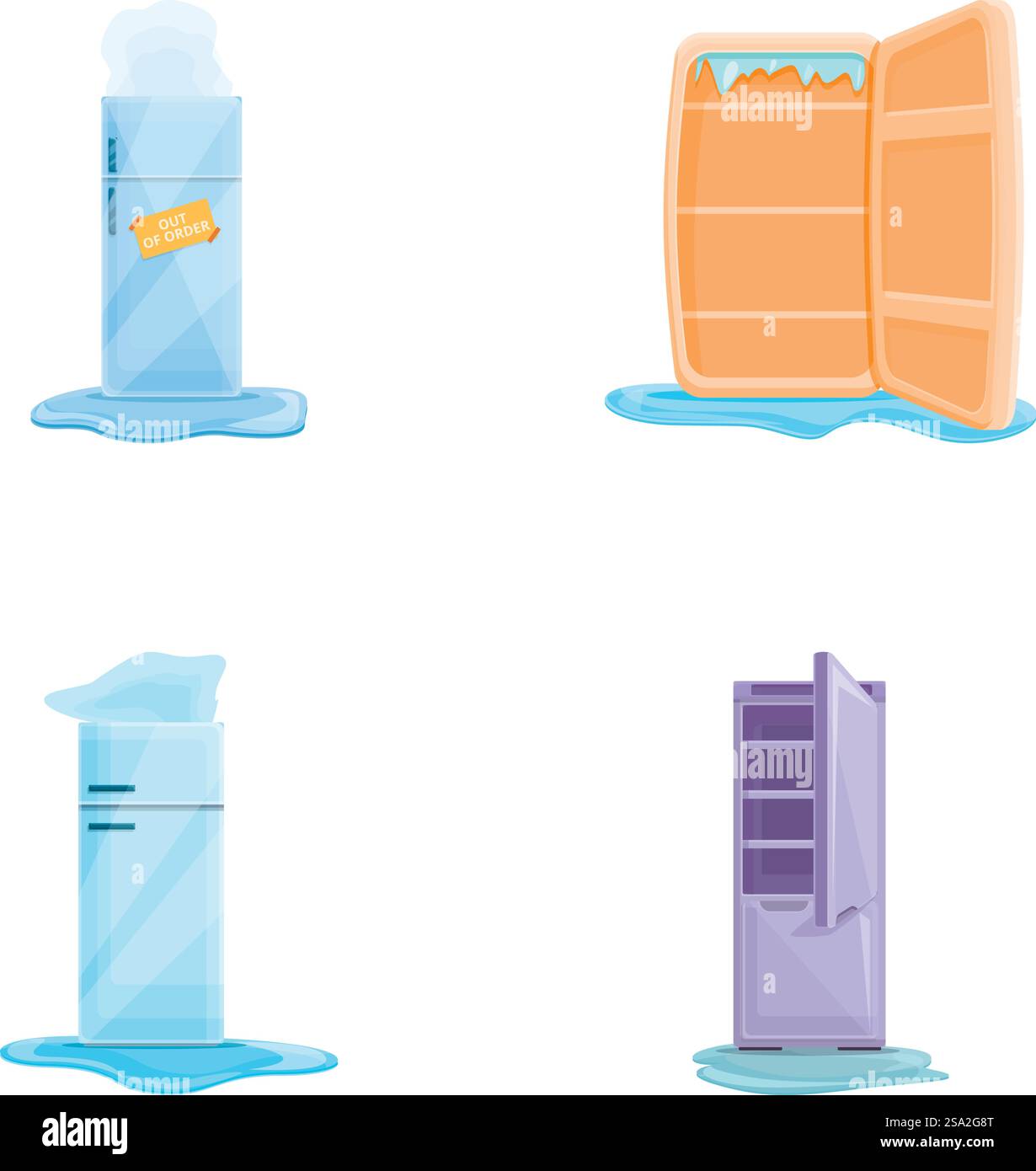 Refrigerator repair icons set cartoon vector. Broken fridge with water ...