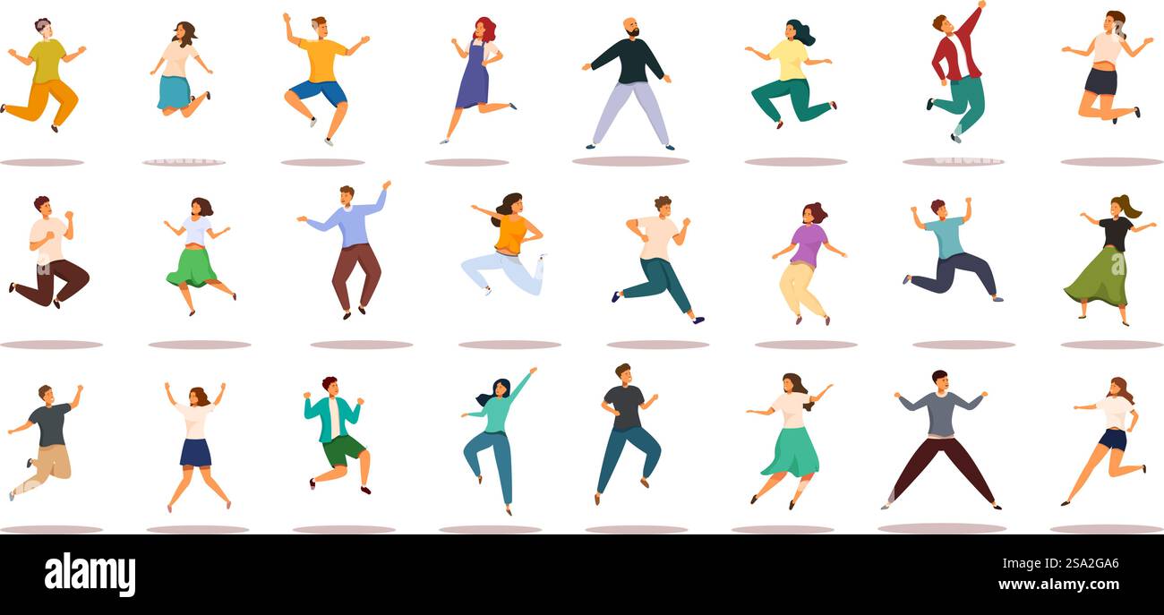 Couple jump icons set cartoon vector. Happy character. Celebrating fun ...