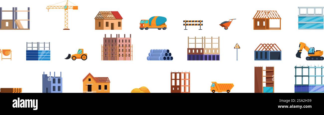 Unfinished house construction icons set cartoon vector. Stages level ...