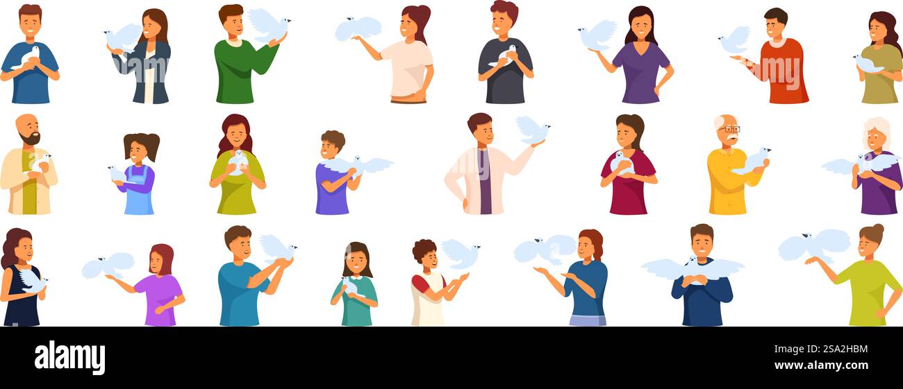 People holding white dove icons set cartoon vector. Peace symbol ...