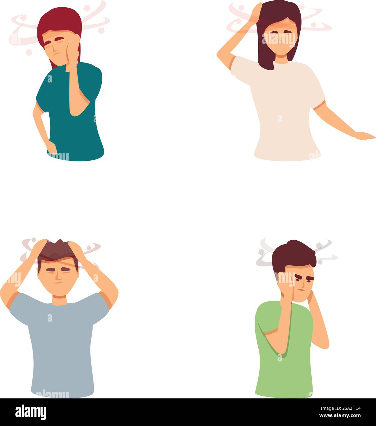 Dizziness icons set cartoon vector. People suffering from headache pain ... Dizziness icons set cartoon vector. People suffering from headache pain ...