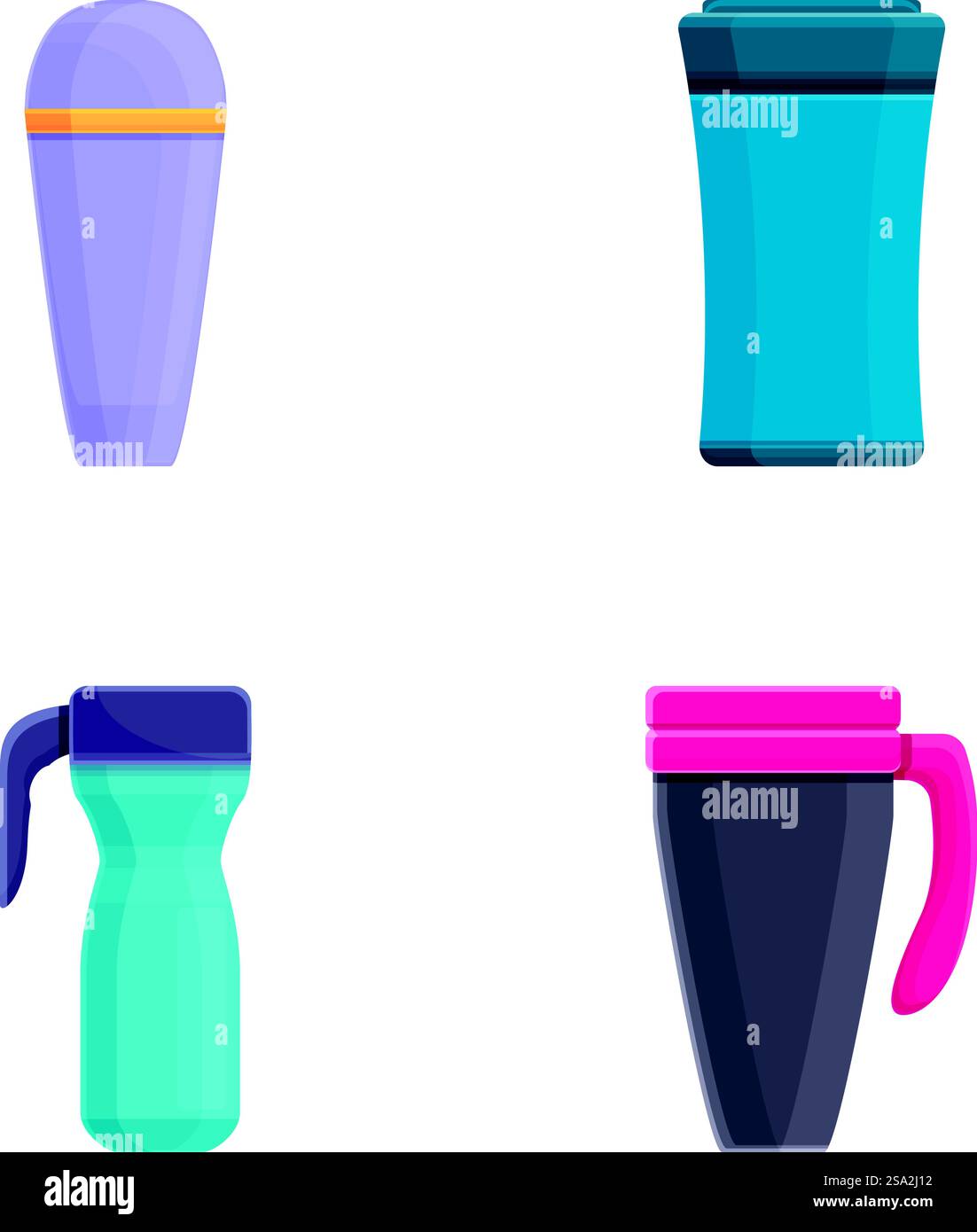 Thermo mug icons set cartoon vector. Colorful thermal cup and thermos ...