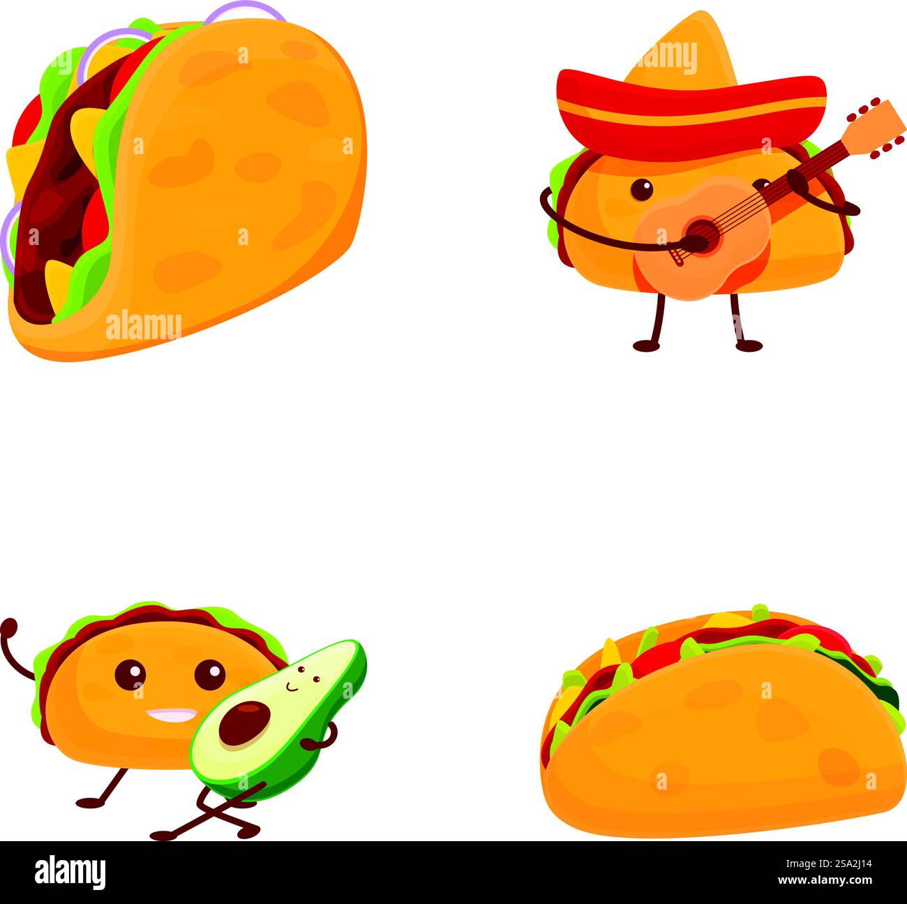 Taco character icons set cartoon vector. Cute cartoon fast food tacos ...